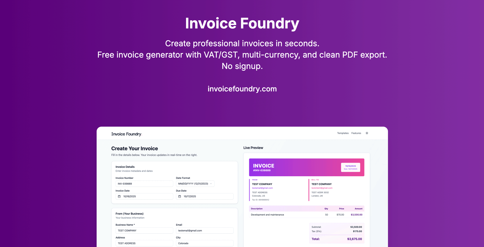 Free Invoice Generator – Create & Download PDF Invoices | Invoice Foundry